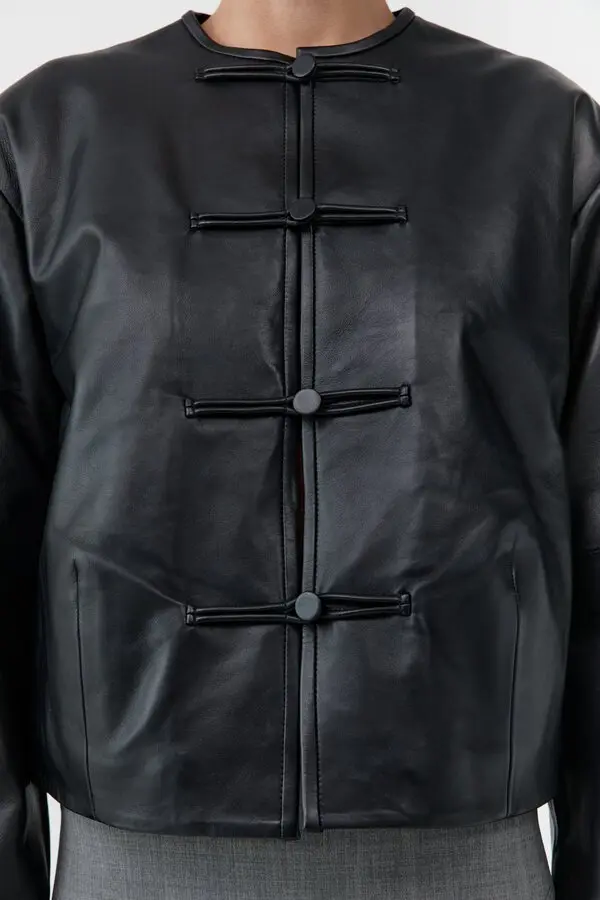 ST. AGNI Button Detail Cocoon Leather Jacket