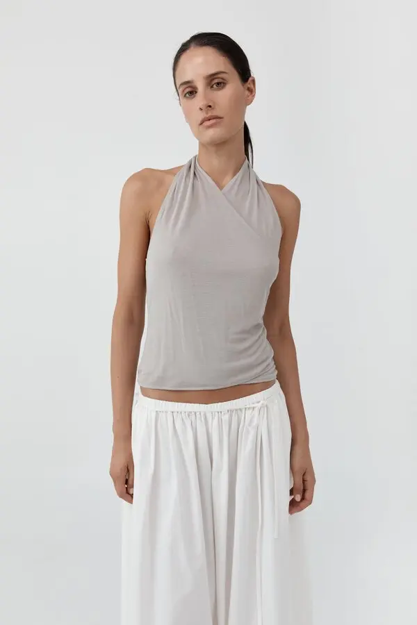 ST. AGNI Fine Jersey Wrap Halter Top - Soft Ash