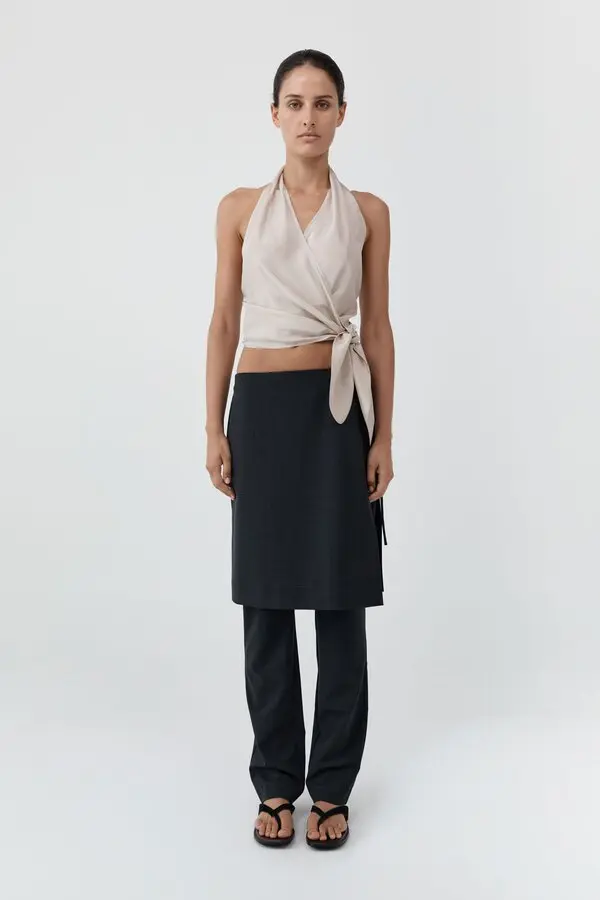 ST. AGNI Silk Halter Wrap Top - Soft Ash