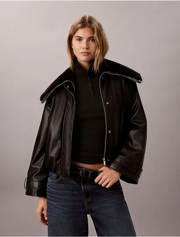 Calvin Klein Faux Leather Padded Bomber Jacket With Faux Fur Trim
