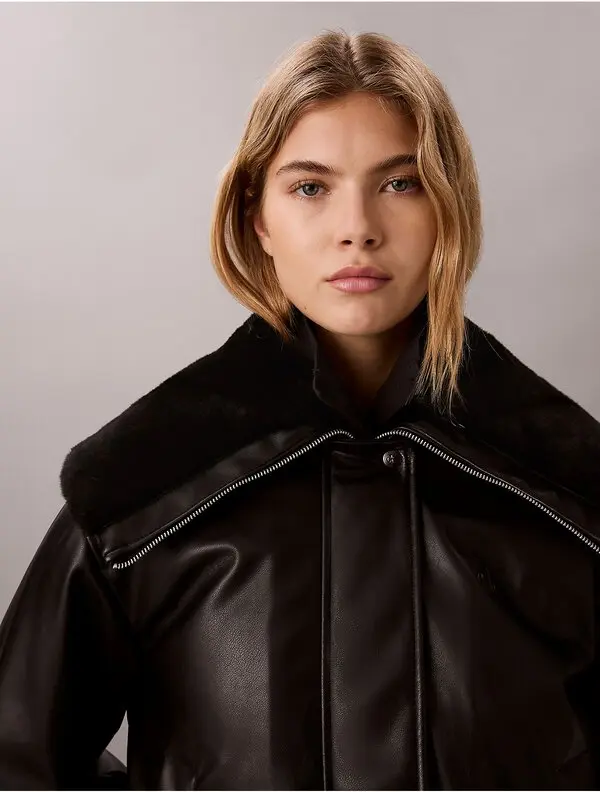 Calvin Klein Faux Leather Padded Bomber Jacket With Faux Fur Trim