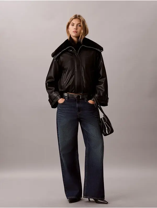 Calvin Klein Faux Leather Padded Bomber Jacket With Faux Fur Trim