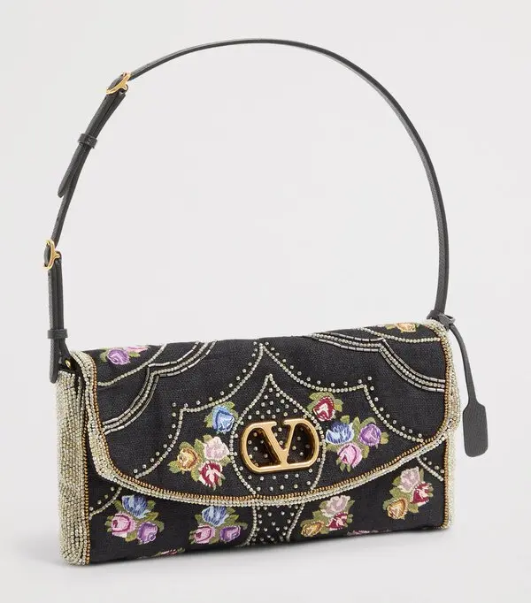 Valentino Garavani Small Linen Beaded Shoulder Bag - Black