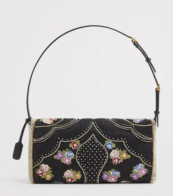 Valentino Garavani Small Linen Beaded Shoulder Bag - Black
