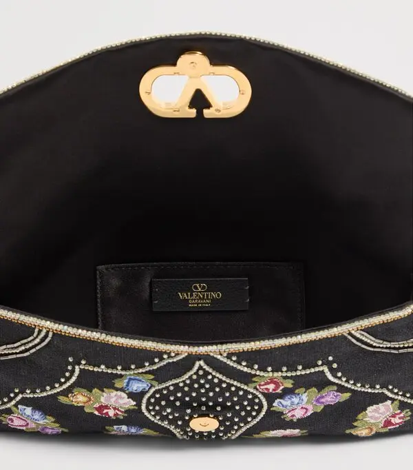 Valentino Garavani Small Linen Beaded Shoulder Bag - Black