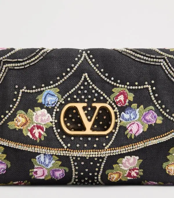 Valentino Garavani Small Linen Beaded Shoulder Bag - Black