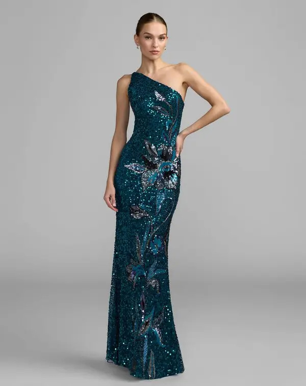 Mac Duggal Petite Teal Floral Sequin One Shoulder Gown
