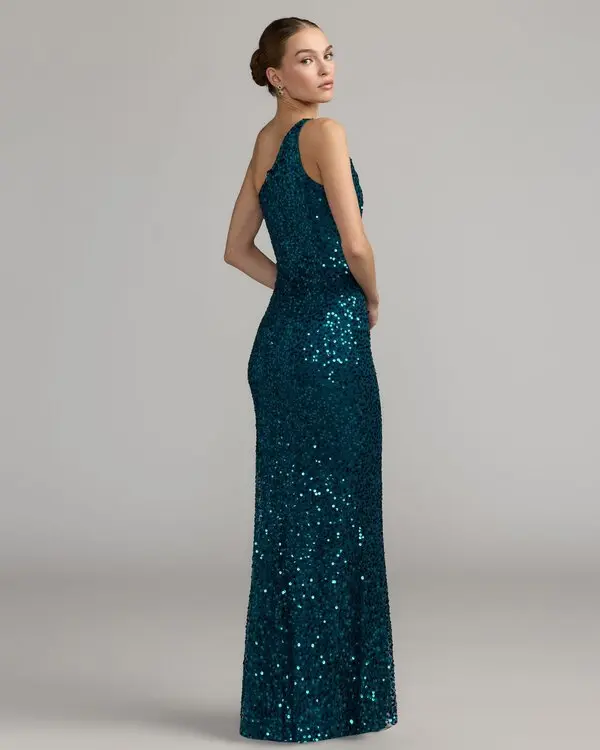 Mac Duggal Petite Teal Floral Sequin One Shoulder Gown