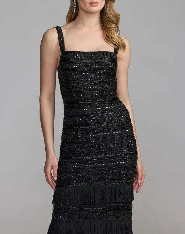 Mac Duggal Geometric Embellished Gown With Tiered Fringe