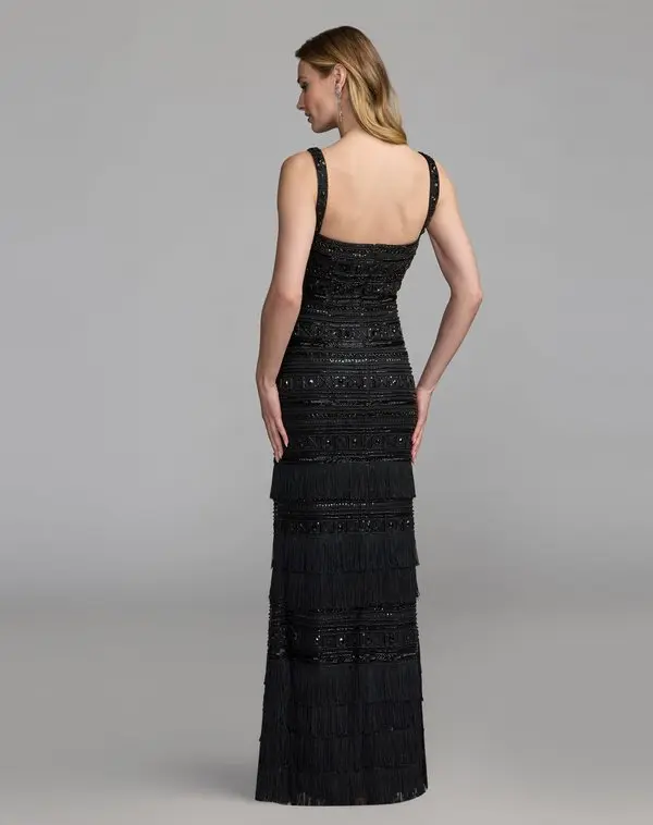 Mac Duggal Geometric Embellished Gown With Tiered Fringe