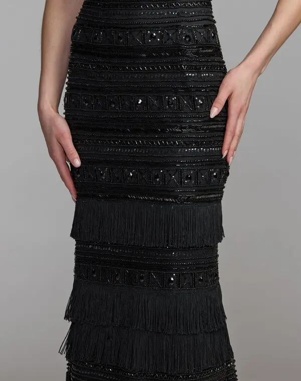 Mac Duggal Geometric Embellished Gown With Tiered Fringe