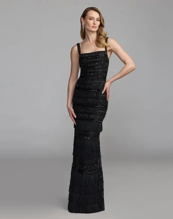 Mac Duggal Geometric Embellished Gown With Tiered Fringe