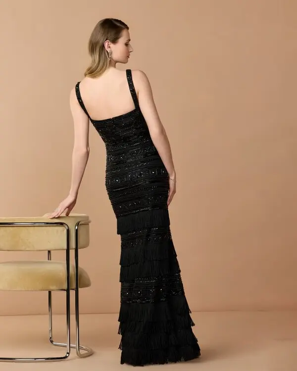 Mac Duggal Geometric Embellished Gown With Tiered Fringe