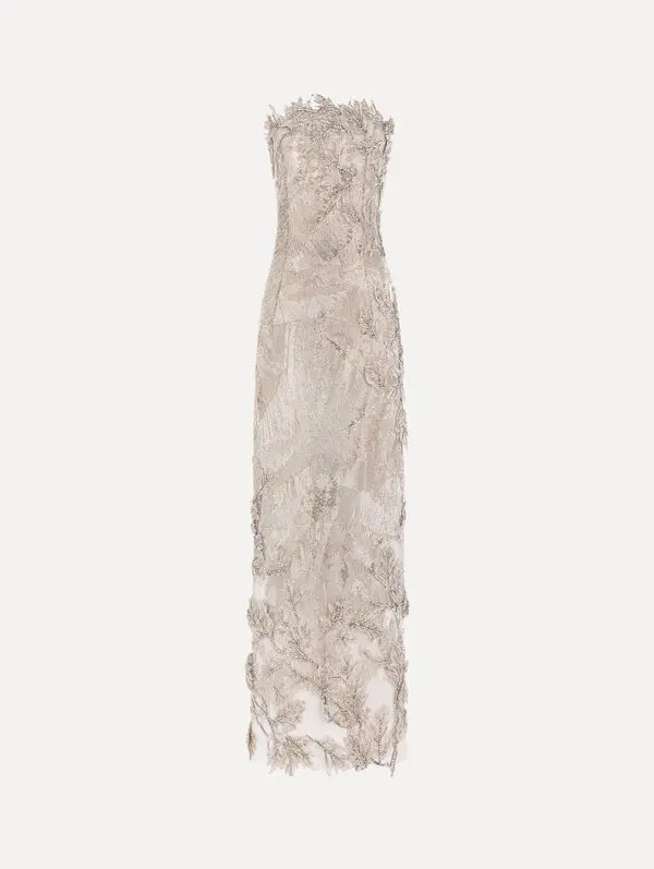 Oscar De La Renta Intarsia Leaves Cutout Embroidered Cocktail Dress - Silver