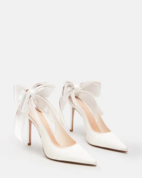 Steve Madden Teacup Pointed Toe Heels With Bow Detailing - Ivory Satin
