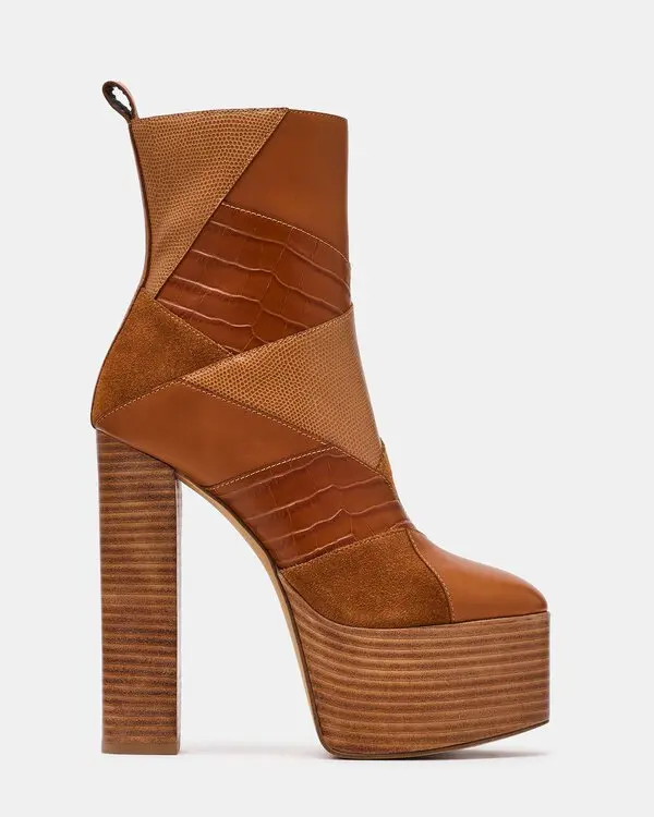 Steve Madden Semona Vintage Tan Patchwork Block Heel Booties - Tan Multi