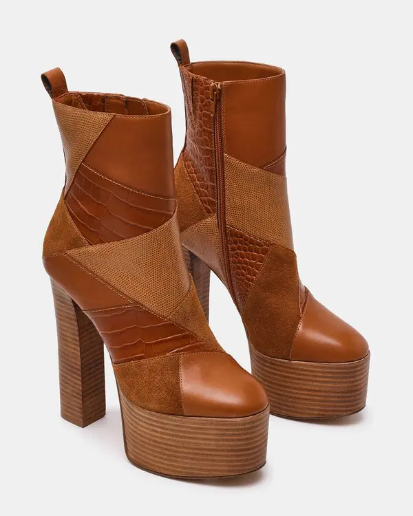 Steve Madden Semona Vintage Tan Patchwork Block Heel Booties