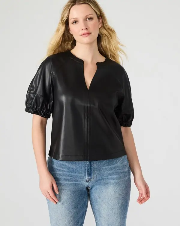Steve Madden Roxanne Top Short Sleeve Faux Leather Tops - Black