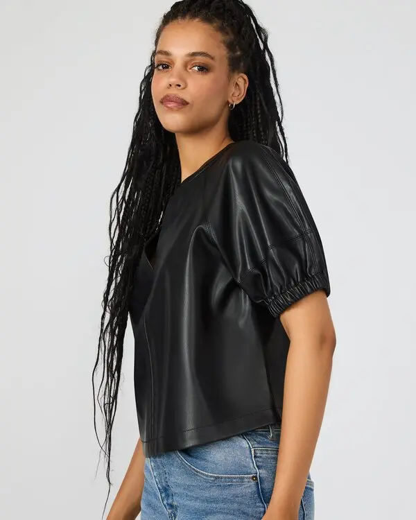 Steve Madden Faux Leather Puff Sleeve Top - Black