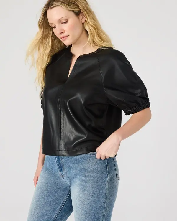 Steve Madden Faux Leather Puff Sleeve Top - Black