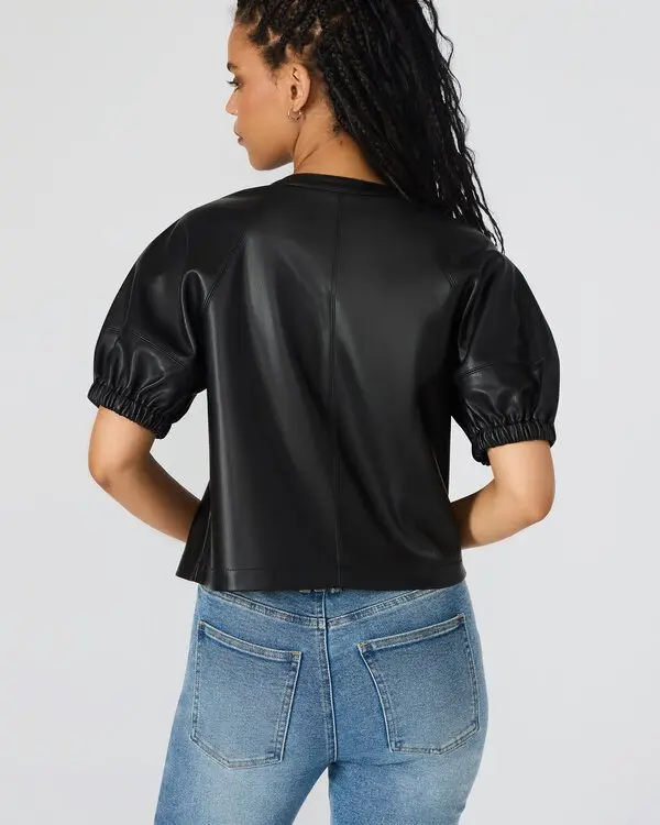 Steve Madden Faux Leather Puff Sleeve Top - Black