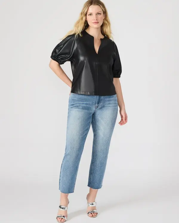Steve Madden Faux Leather Puff Sleeve Top - Black