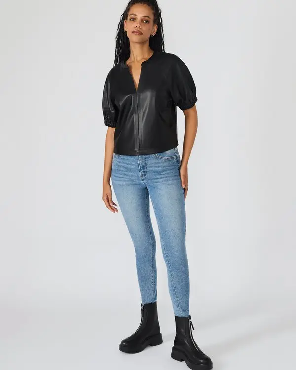 Steve Madden Faux Leather Puff Sleeve Top - Black