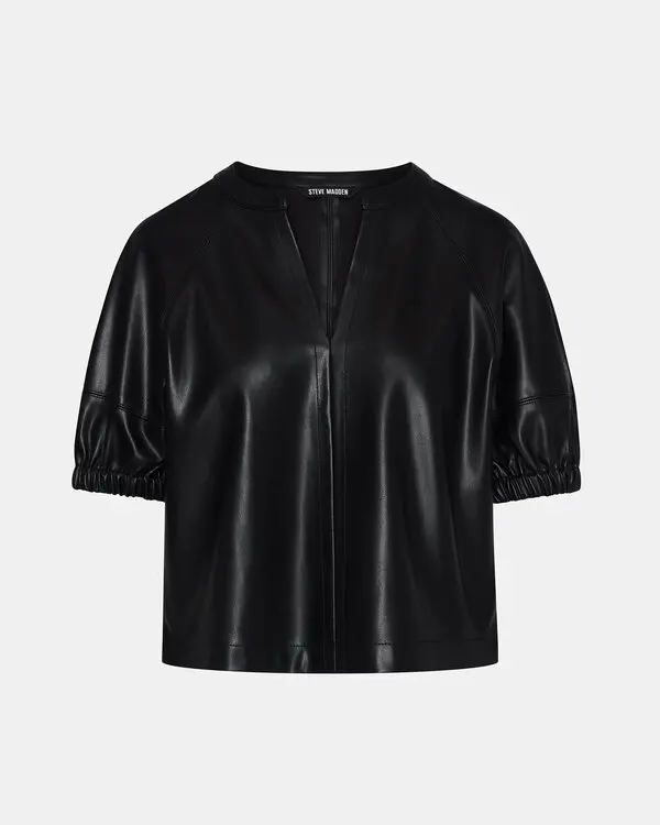 Steve Madden Faux Leather Puff Sleeve Top - Black