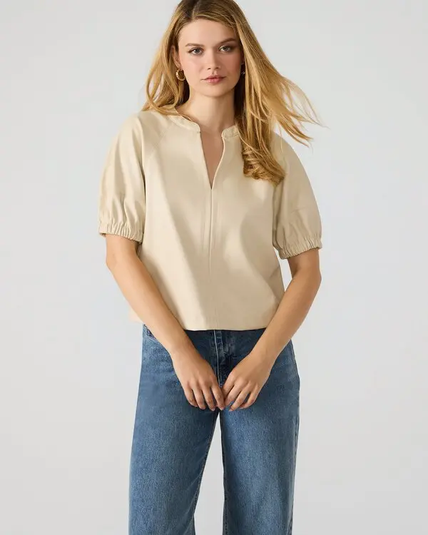 Steve Madden Short Sleeve Faux Leather Top - Bone
