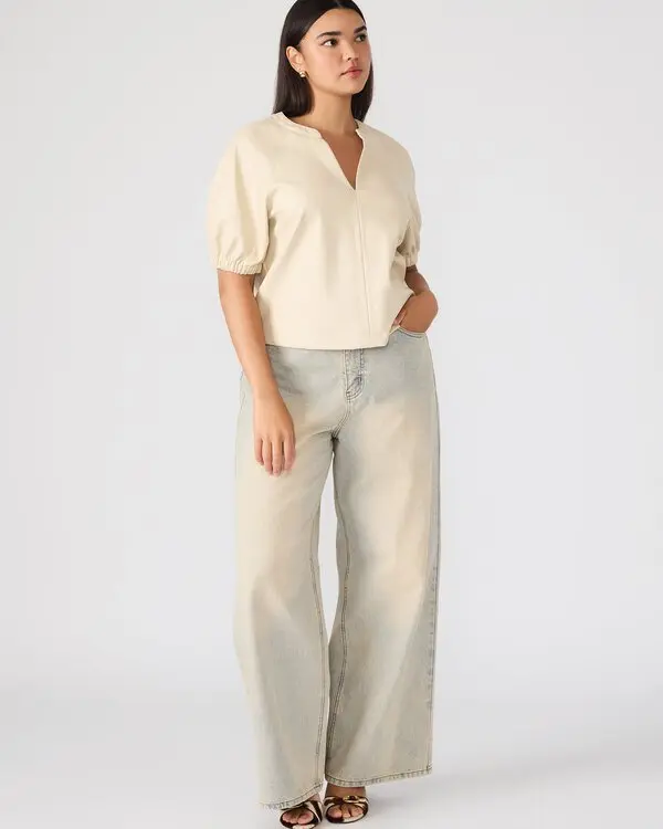 Steve Madden Short Sleeve Faux Leather Top - Bone