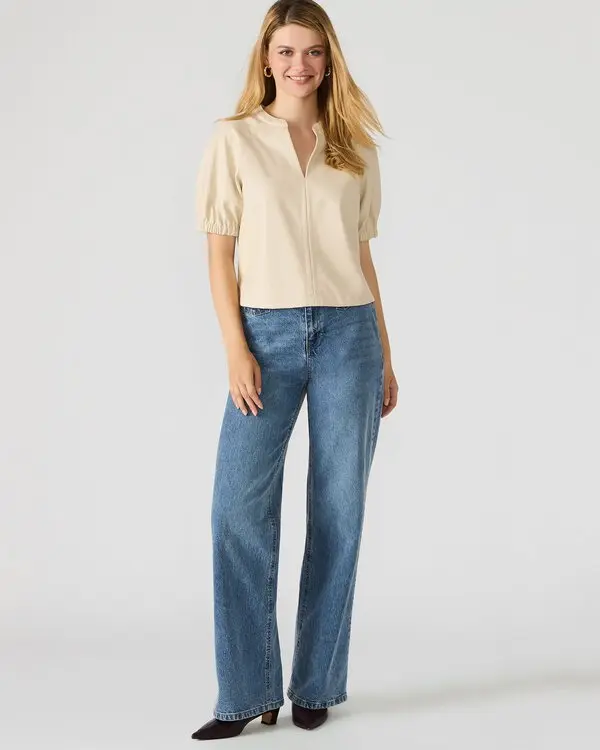 Steve Madden Short Sleeve Faux Leather Top - Bone