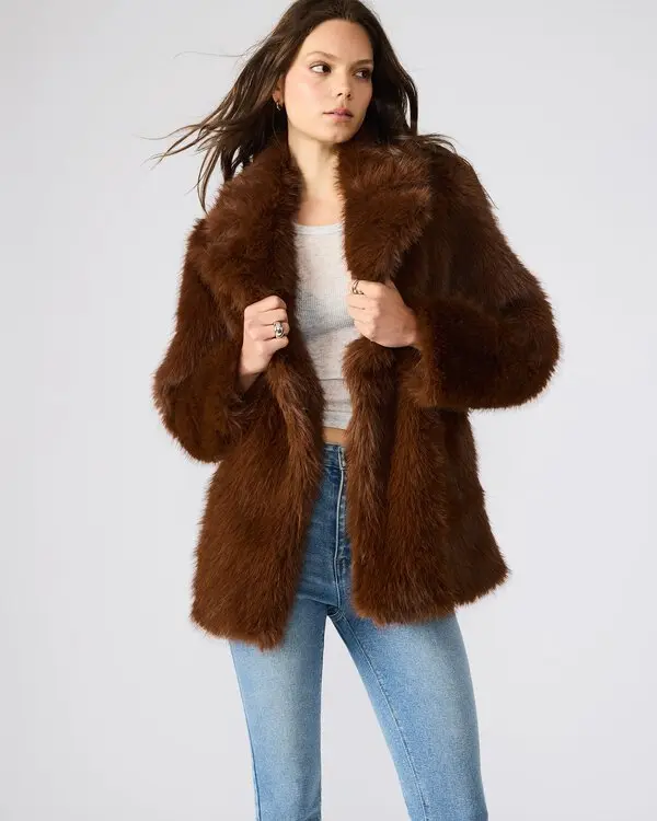 Steve Madden Kindra Coat Long Sleeve Faux Fur Jackets & Coats - Brown