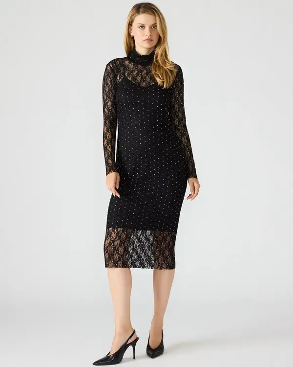 Steve Madden Vivienne Studded Lace Dress Long Sleeve Mesh Dresses
