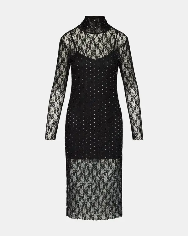 Steve Madden Vivienne Studded Lace Dress Long Sleeve Mesh Dresses
