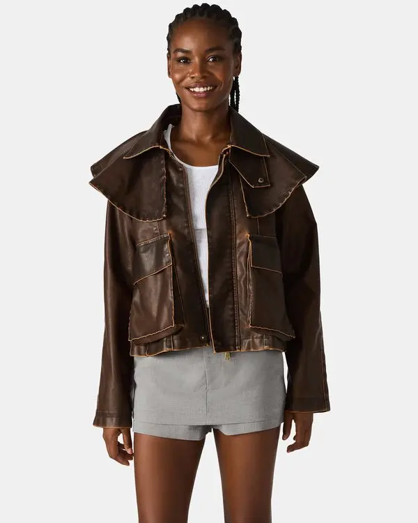 Steve Madden Varvara Jacket Long Sleeve Faux Leather Jackets & Coats - Chocolate