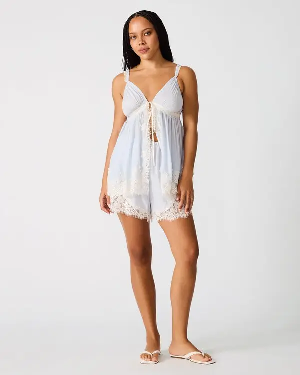 Steve Madden Sleeveless Lace Trimmed Top With Tie Front - Blue Ice