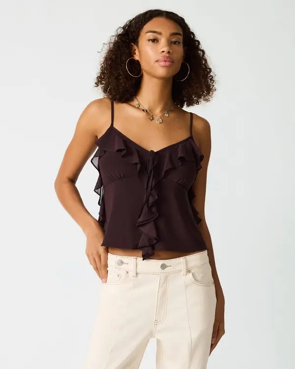 Steve Madden Sleeveless Ruffle Front Tie Top - Chocolate