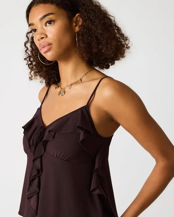 Steve Madden Sleeveless Ruffle Front Tie Top - Chocolate