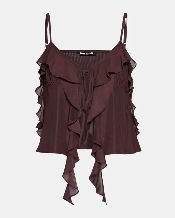 Steve Madden Sleeveless Ruffle Front Tie Top - Chocolate