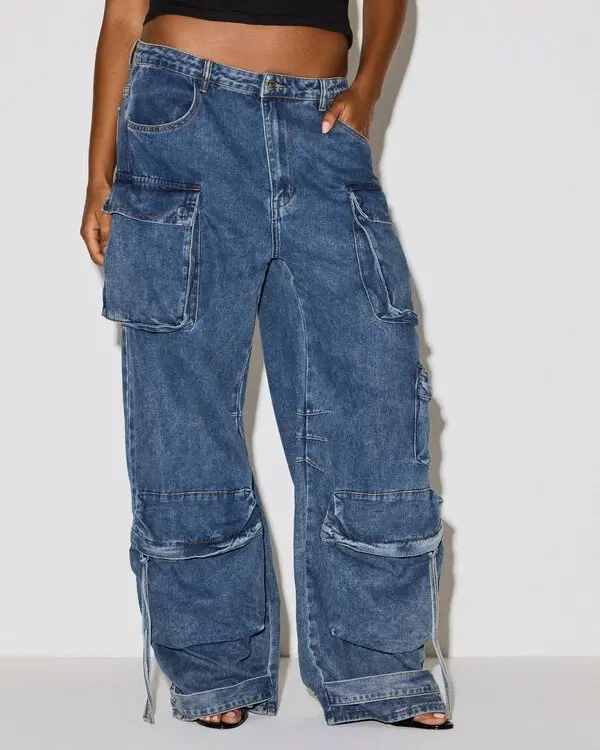 Steve Madden Duo Medium Wide Leg Cargo Pants - Denim Multi