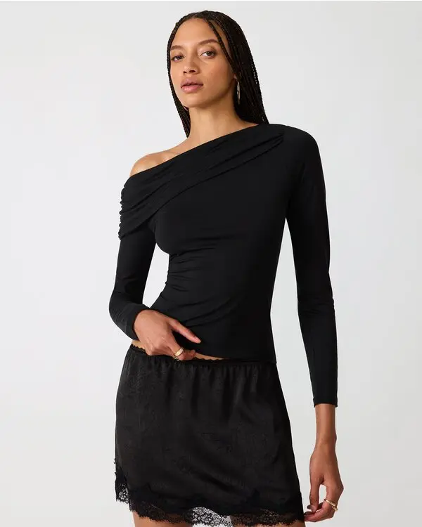 Steve Madden Ryder Knit Top Long Sleeve Ruched One Shoulder Top
