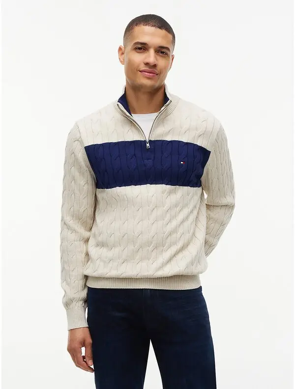 Tommy Hilfiger Cable Knit Striped Quarter-zip Sweater