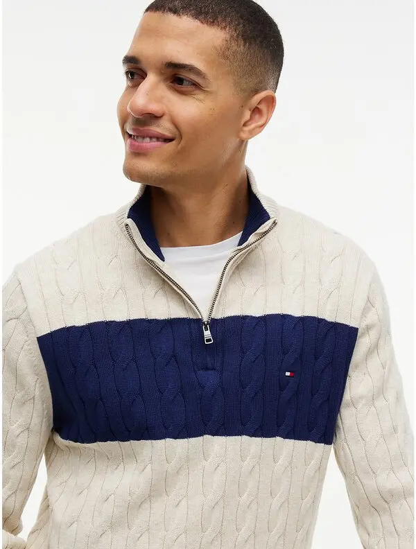 Tommy Hilfiger Cable Knit Striped Quarter-zip Sweater