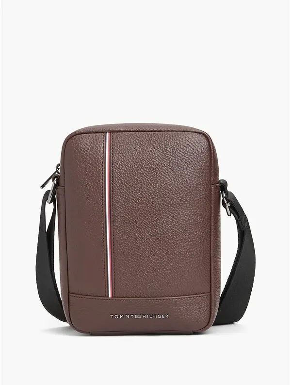 Tommy Hilfiger Signature Stripe Pebbled Mini Reporter Bag - Coffee Bean