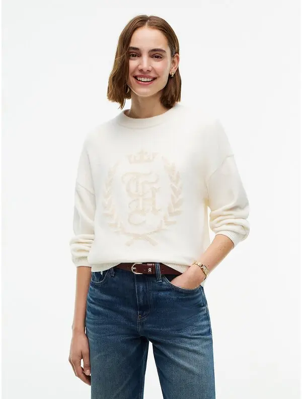 Tommy Hilfiger Intarsia Laurel Leaf Logo Sweater - Cream