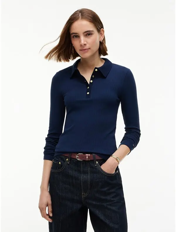 Tommy Hilfiger Slim Fit Gold-button Rib-knit Polo - Navy