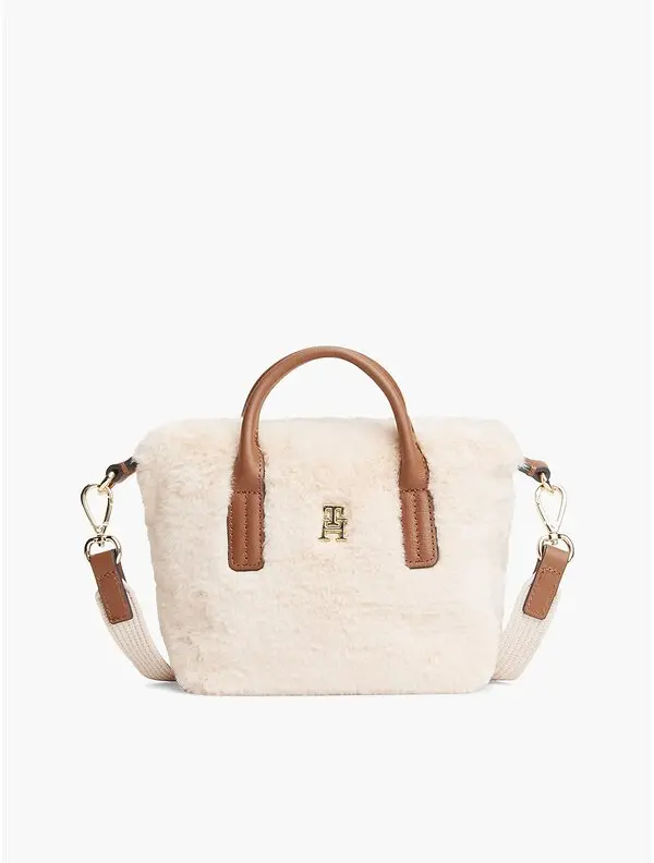 Tommy Hilfiger Monogram Faux Fur Micro Tote Bag - Ivory