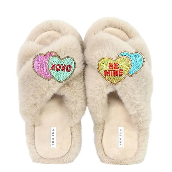 YOMISMA Eco Faux Fur Slippers With Removable Beaded Brooches - Beige