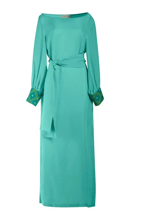 YOMISMA Turquoise Dreams Chiapas Embroidered Kaftan — Artisanal Handcrafted Resort Dress - Blue