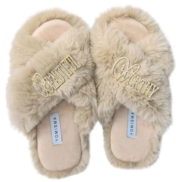 YOMISMA Worthy + Beautiful" Embellished Faux Fur Slippers - Beige
